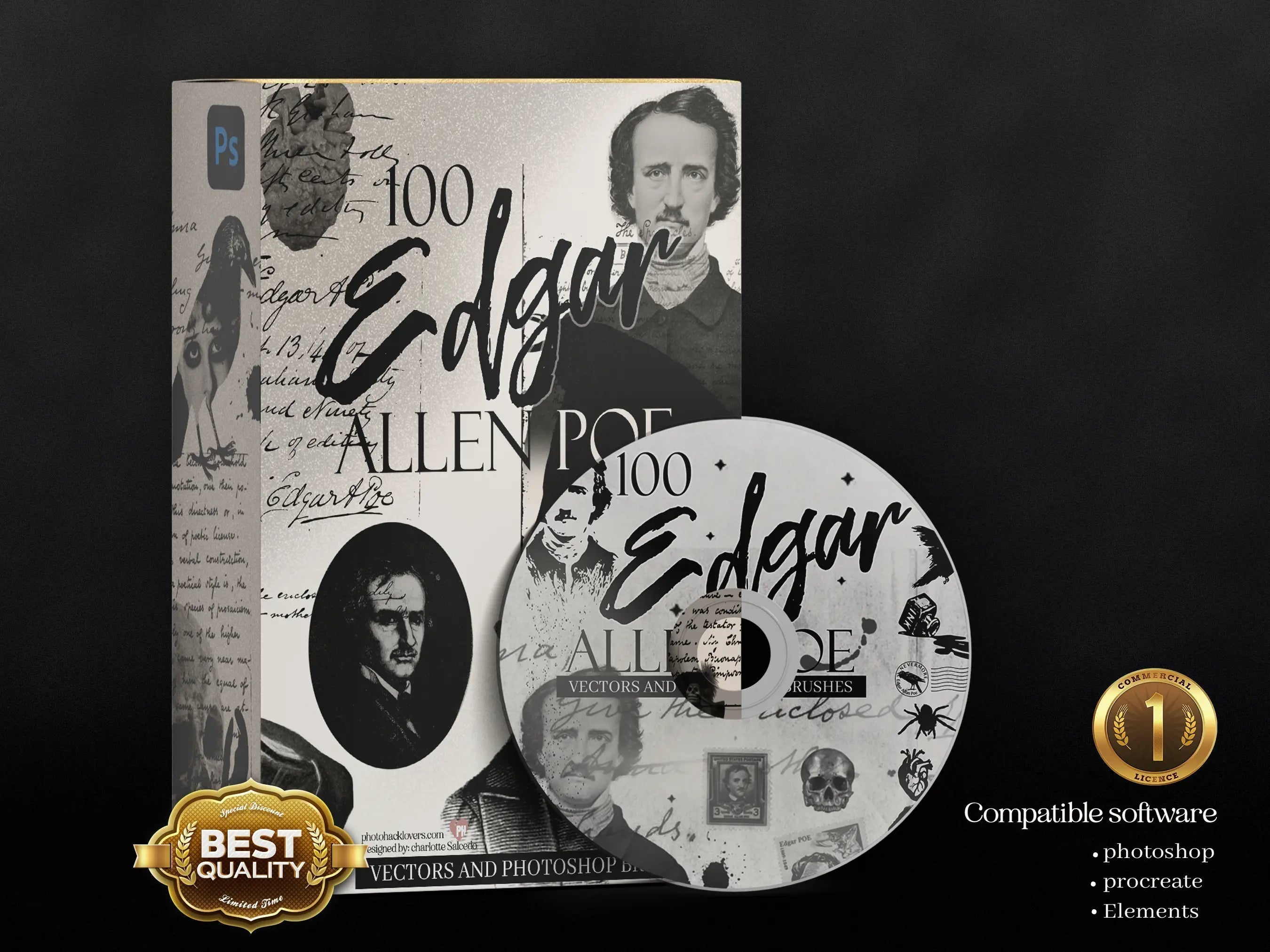 100 Edgar Allen Poe Photoshop brushes -Digital Stamps